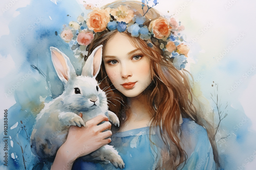 Beautiful Woman and Rabbit Easter for Ostara Watercolor Stock ...