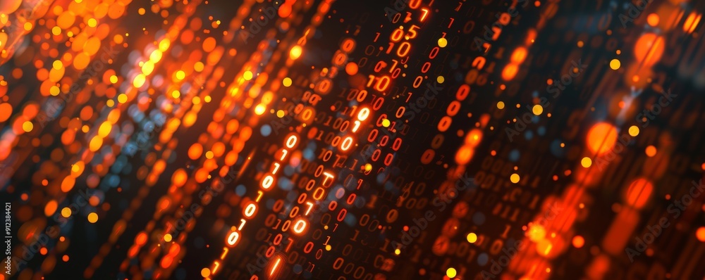 Abstract smartphone desktop background, binary code and glowing lights, representing data ...