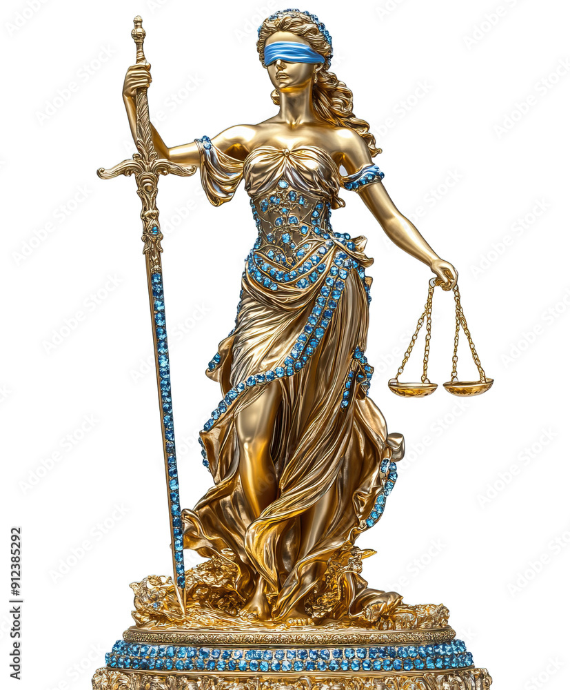 Gold statue of Lady Justice with scales and sword. transparent ...