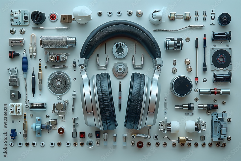 One headphones surrounded by disassembled headphone parts and details ...