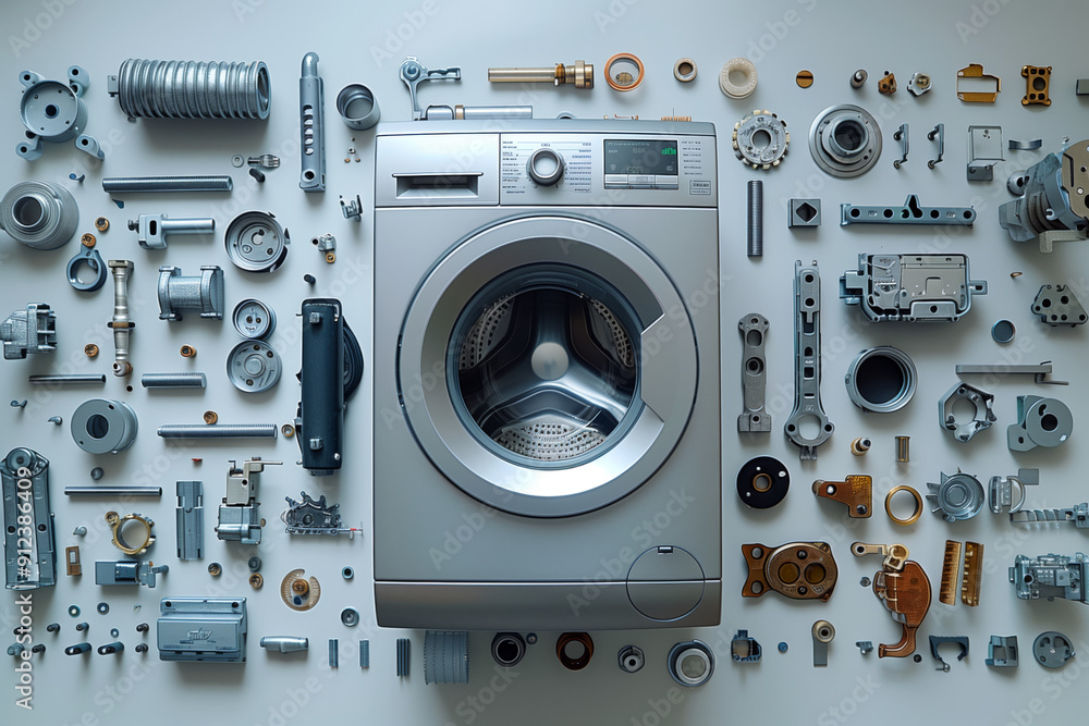 One washing machine surrounded by disassembled washing machine parts ...