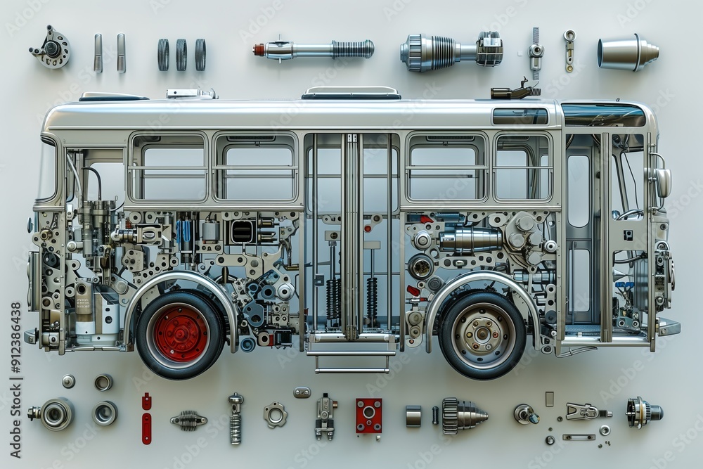 One model of bus surrounded by disassembled autobus parts and details ...
