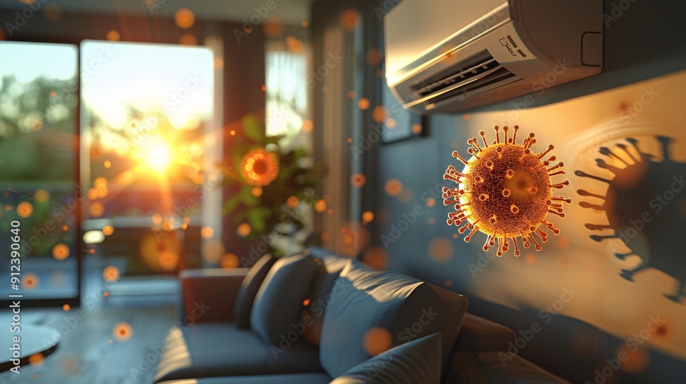 Room with an air conditioner spreading airborne viruses, depicted in an ...