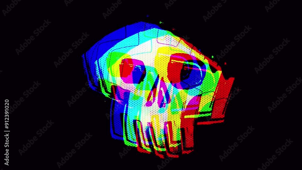 Cartoon style human skull with distortion effects, glitches and ...