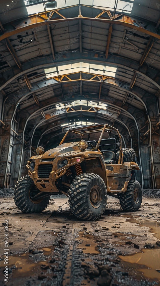Futuristic yellow UTV in a gritty, industrial setting with large tires ...