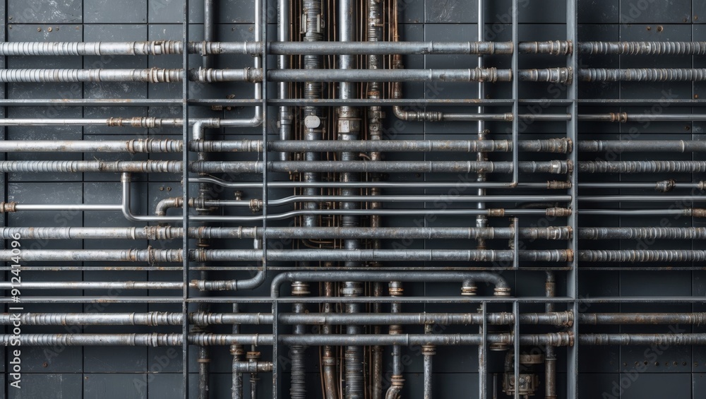 An extensive network of metallic pipes runs along a wall, showcasing ...