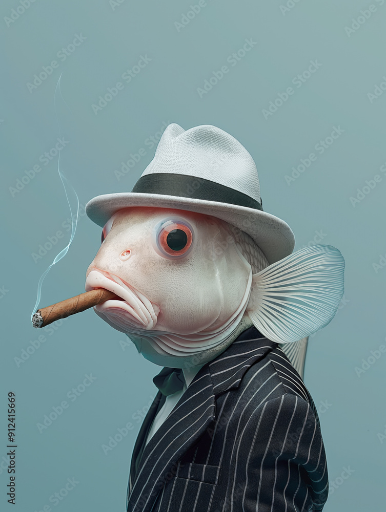 Fish dressed as a gangster, wearing a fedora and suit, smoking a cigar ...