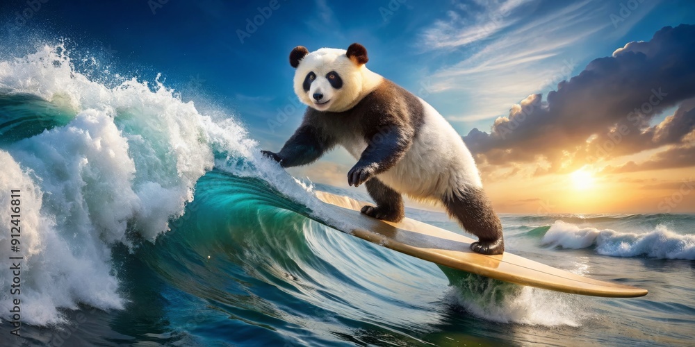 Panda riding a surfboard on the waves at the beach, panda, surfing ...