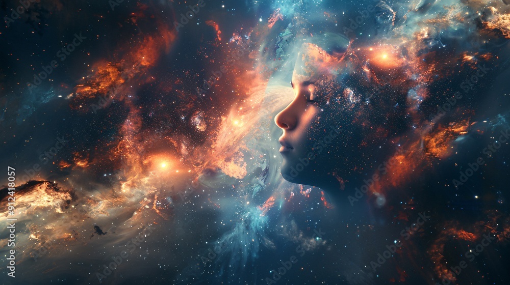 Abstract space science background with a human head, depicting the mind ...