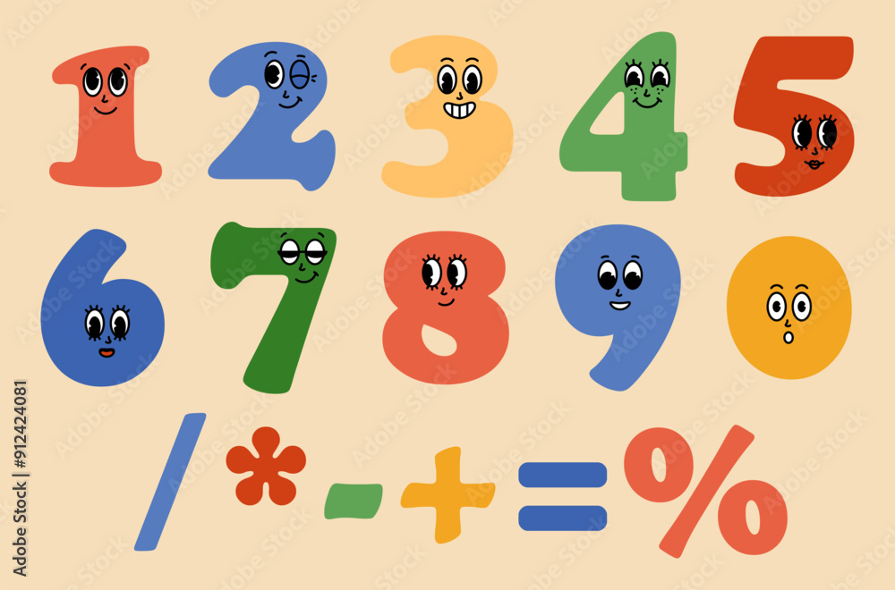 Groovy numbers cartoon characters and math signs set. Funny retro ...