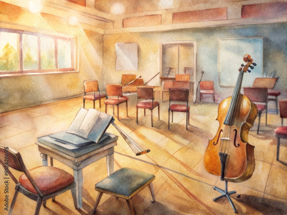 Music stands, violins, and sheet music scattered on wooden tables ...