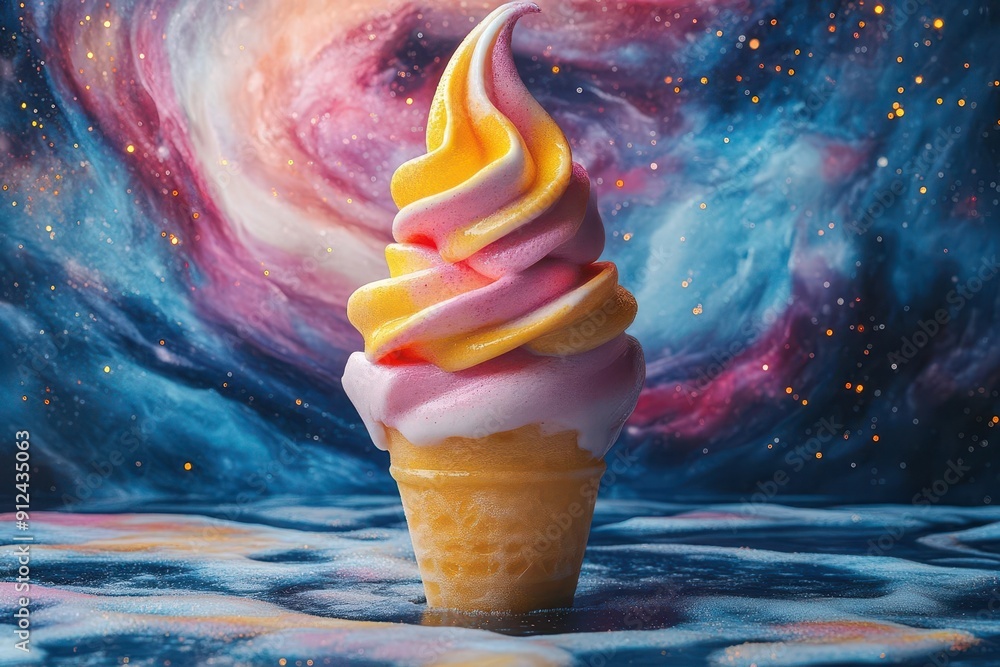 surreal ice cream sculpture melting on a cosmic background vibrant ...