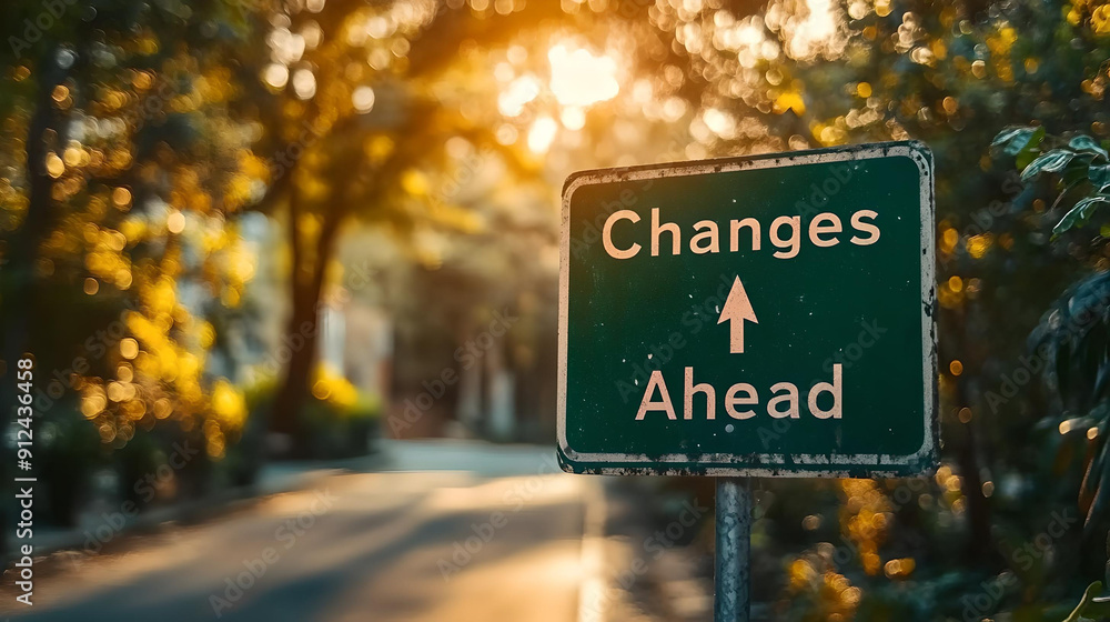 Green road sign with "Changes Ahead" and an arrow pointing upward ...