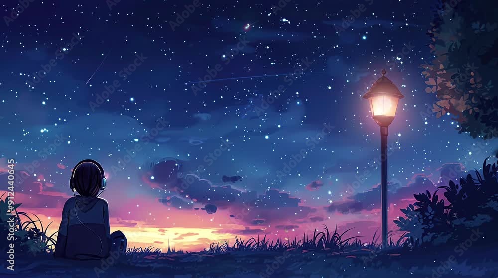 Anime girl sitting peacefully under a starry night sky, surrounded by a ...