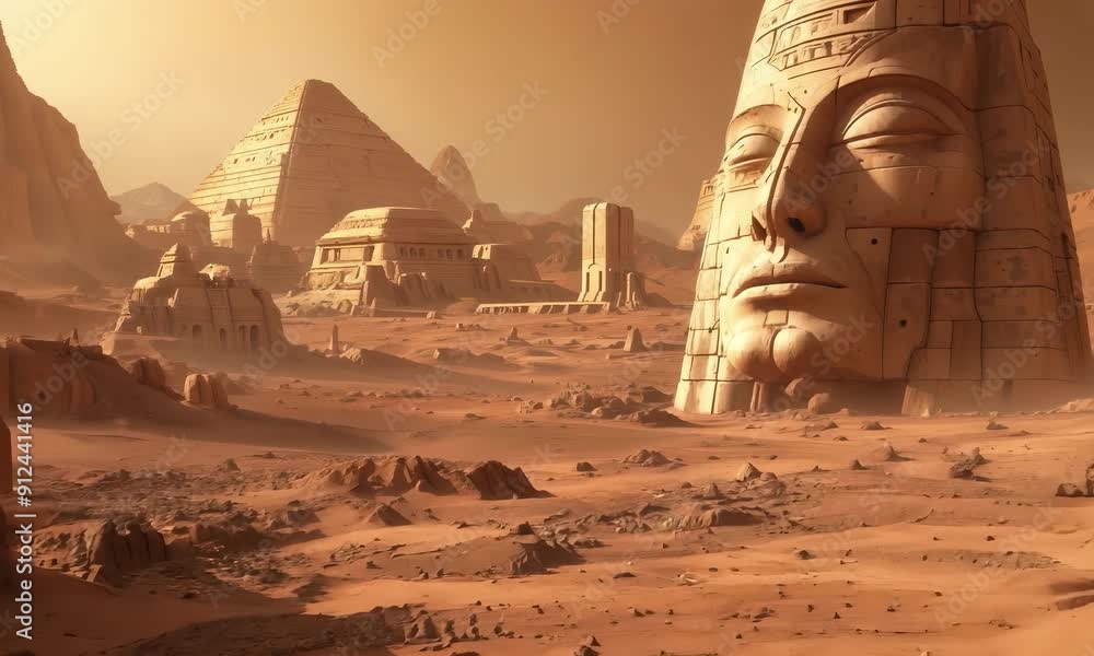 Ruins of ancient alien city on Mars, desolate Martian desert with ...