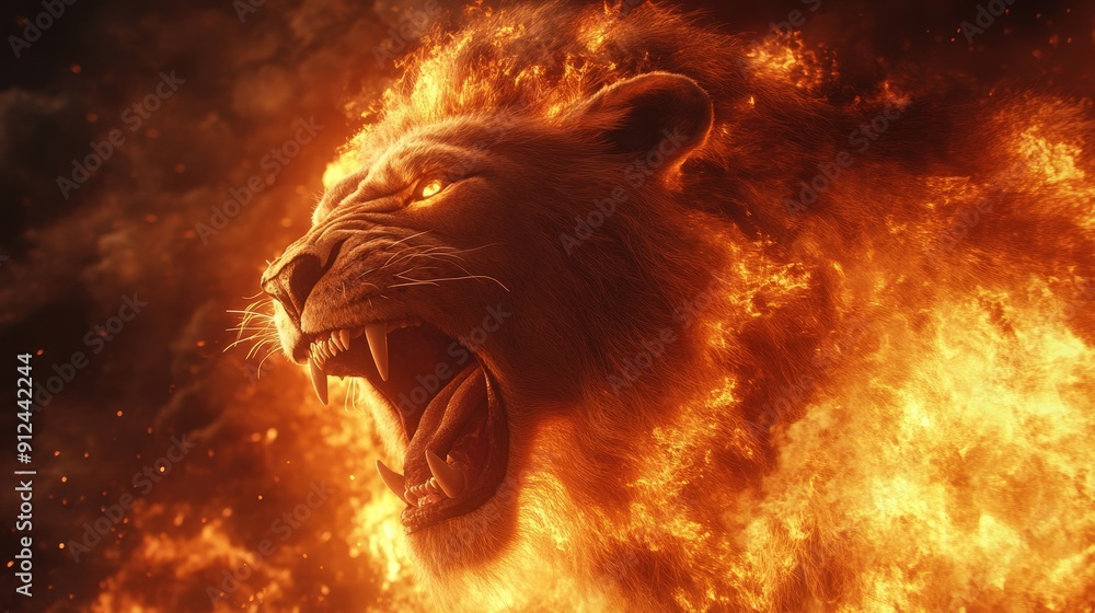 Fierce Lion Roaring Amidst Flames in a Fiery 3D Render, High Detail and ...
