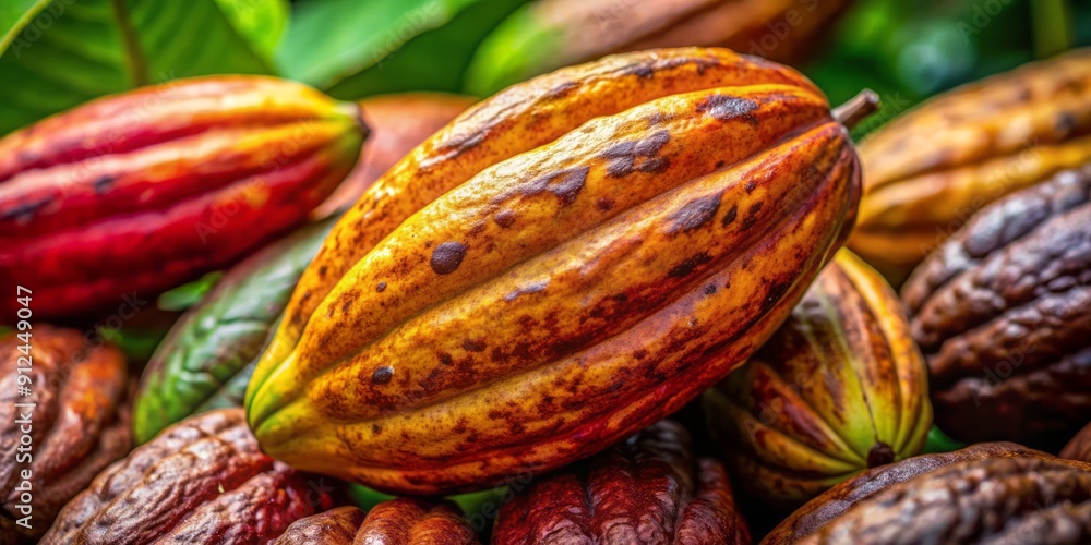 Vibrant ripe cocoa pod in close-up, showcasing intricate texture and ...