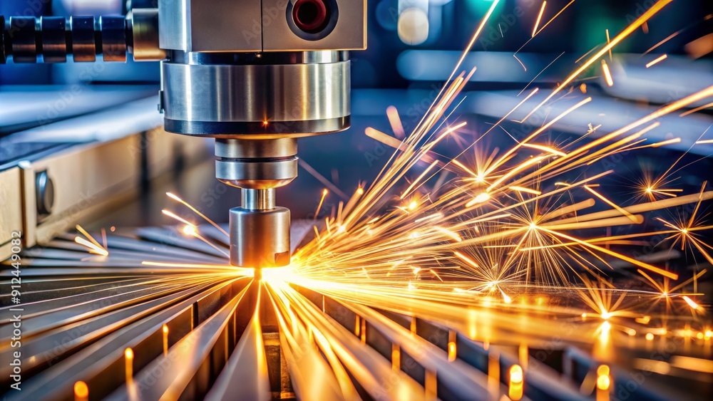 High-precision fiber laser cutting machine emits sparkling light while ...