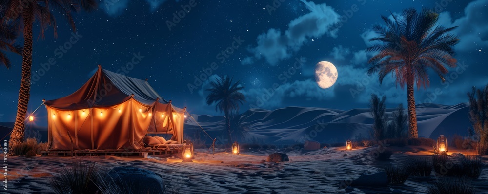 Desert oasis at night with a traditional Bedouin tent illuminated by ...