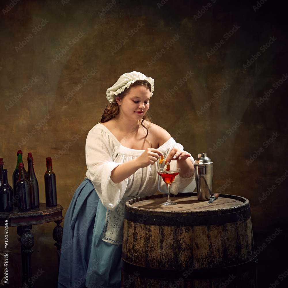 Medieval woman in traditional attire, preparing drink for celebration ...