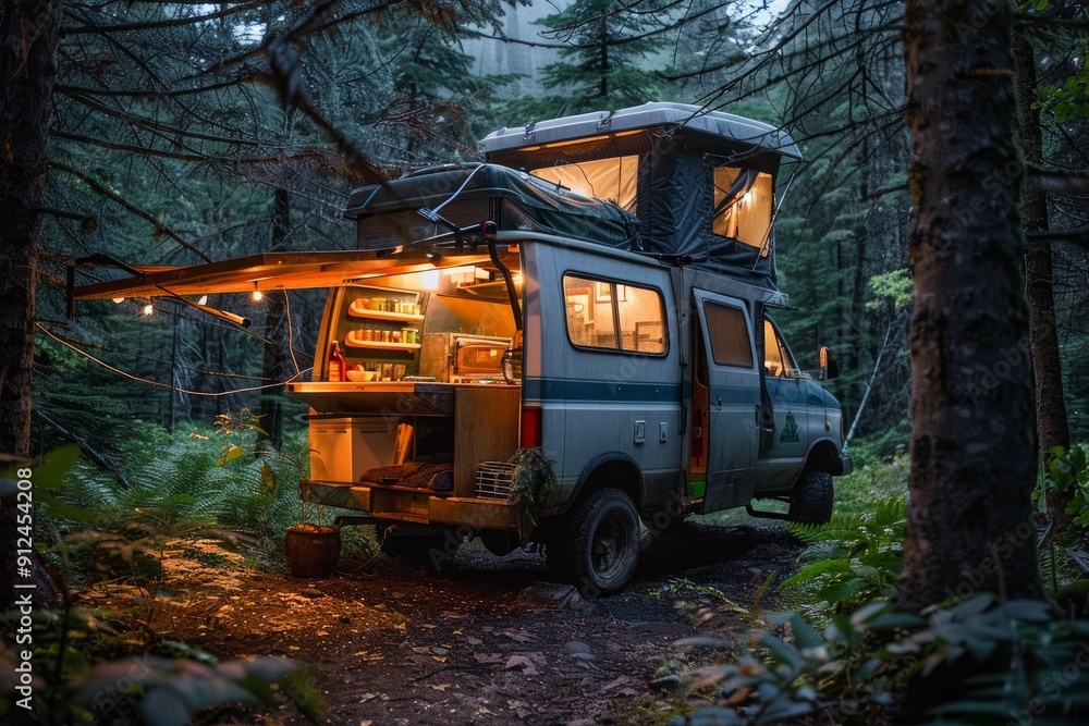Camper van is parked in the forest at night, with its lights on and ...