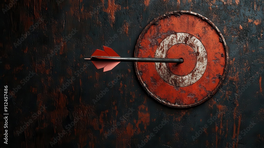 Arrow piercing through the bullseye of a metallic target, industrial ...