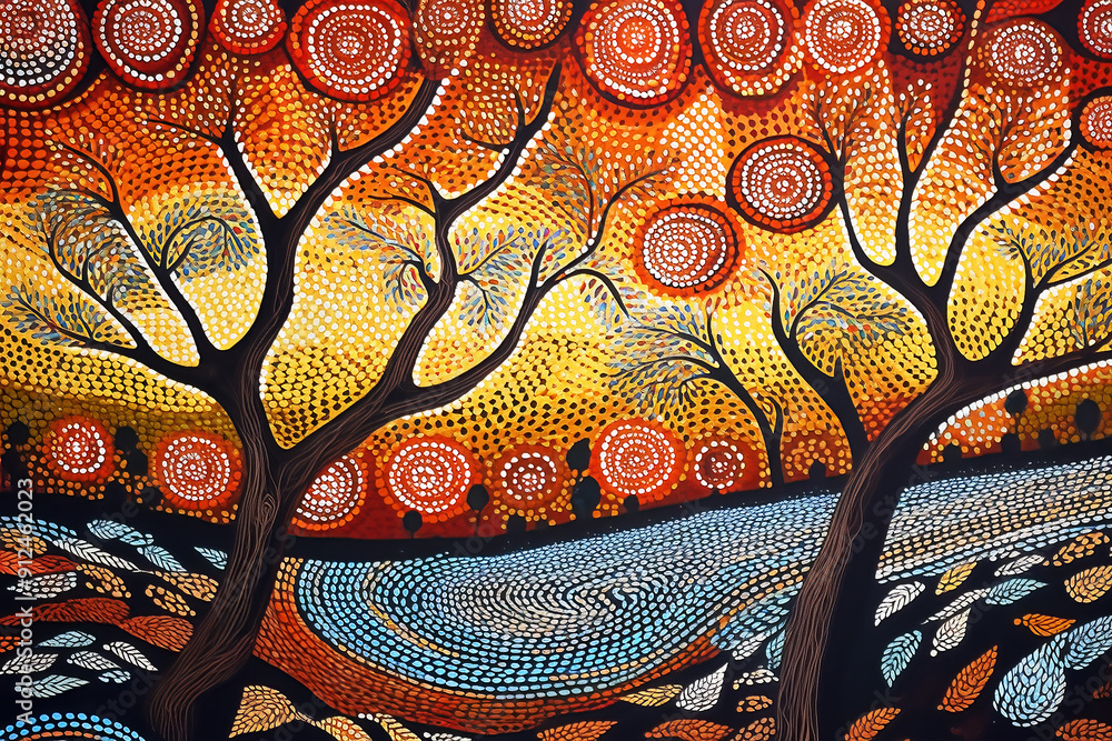 Australian Aboriginal traditional dot painting style art with a river ...