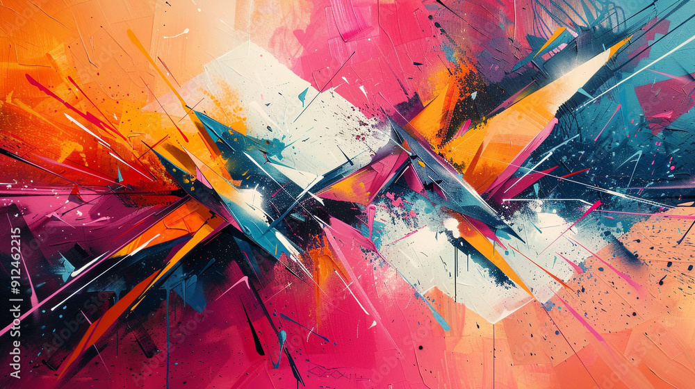 An abstract spray painting of geometric shapes in bright, contrasting ...