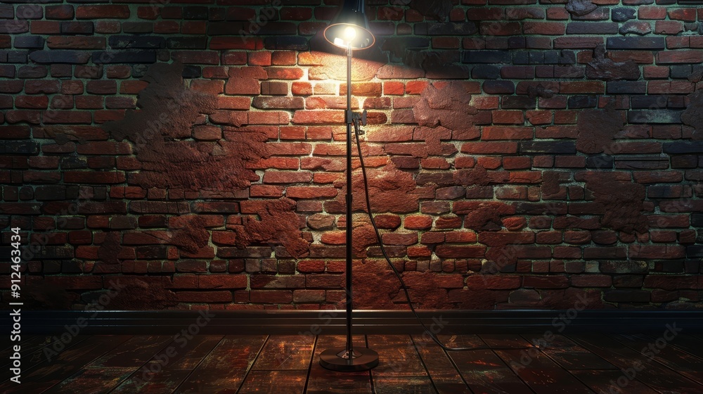 Empty comedy club stage with brick wall backdrop, microphone stand, and ...
