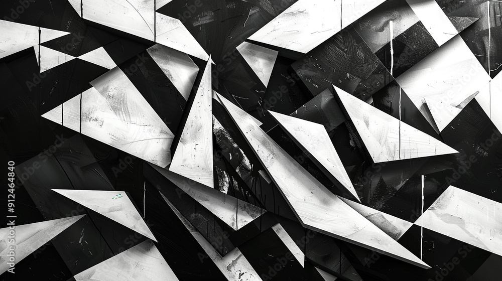 A high-contrast abstract pattern of geometric shapes, sharp lines, and ...