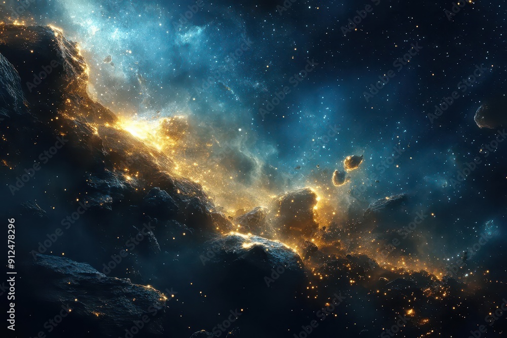 cosmic asteroid field glowing mineralrich rocks swirling space dust ...
