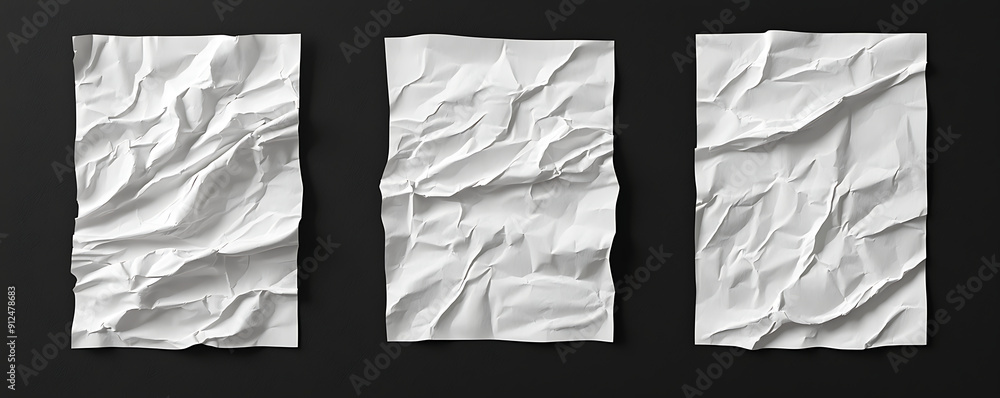 Three white crumpled and creased paper posters arranged side by side on ...
