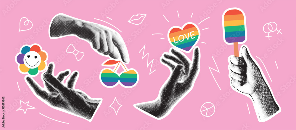 Pride Month collage concept. Vector illustration with halftone hands ...