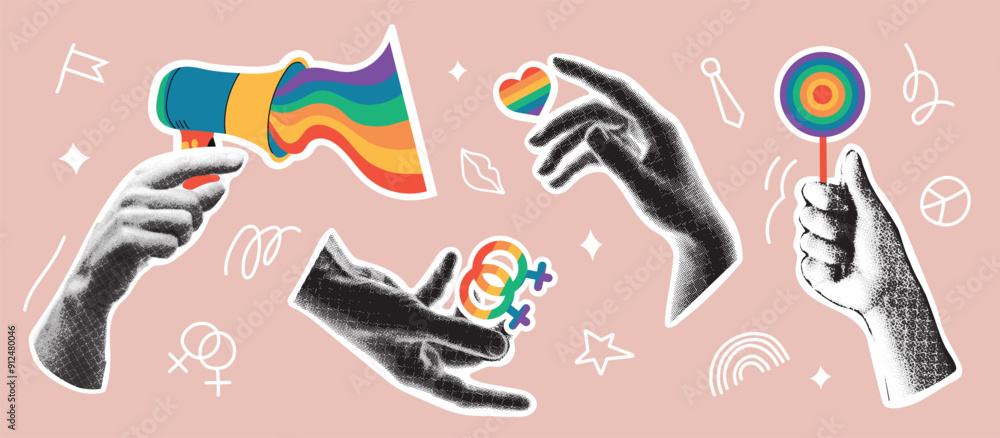 Pride Month collage concept. Vector illustration with halftone hands ...