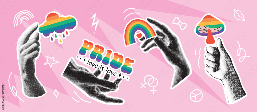 Pride Month collage concept. Vector illustration with halftone hands ...