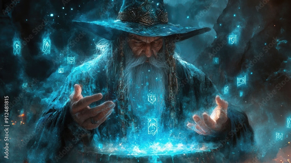 Captivating of an ancient wizard casting spells surrounded by intricate ...
