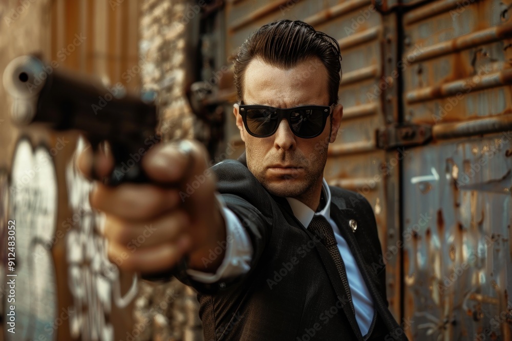 Serious looking secret agent is holding a gun wearing a suit and ...