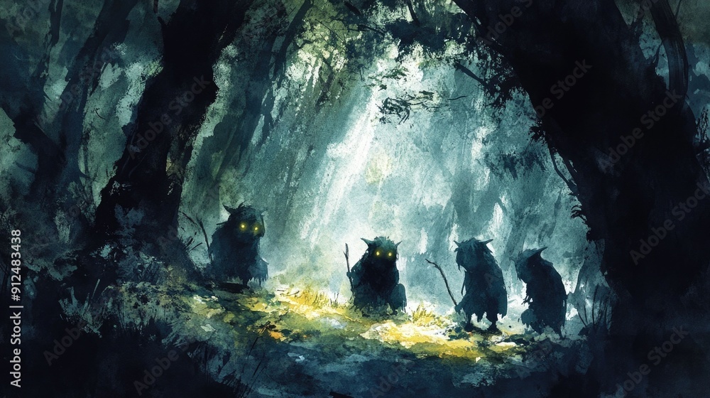 Mischievous goblins playing tricks hidden in the enchanted forest shadows with a whimsical ...