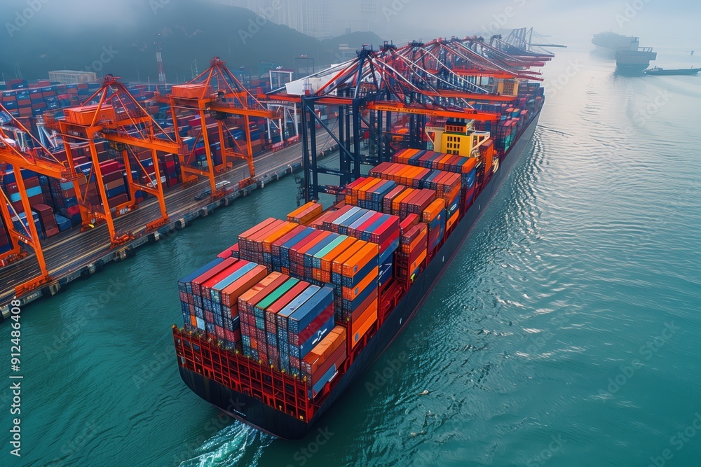 Container Ship Docking at Industrial Port. Container ship filled with ...