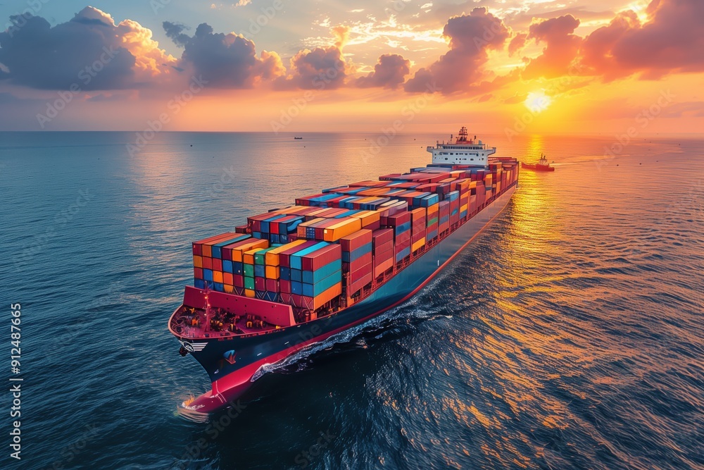 Cargo Ship Navigating at Sunset. Cargo ship with stacked containers ...