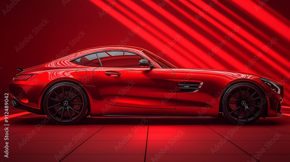 Stylish 3D red car in a commercial design, presented in a dim light ...