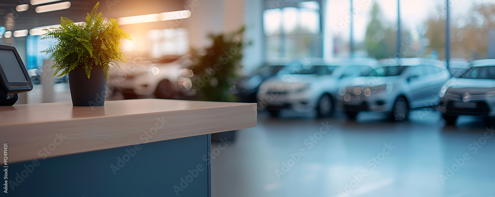 A reception desk with a plant and digital frame in focus, while a ...