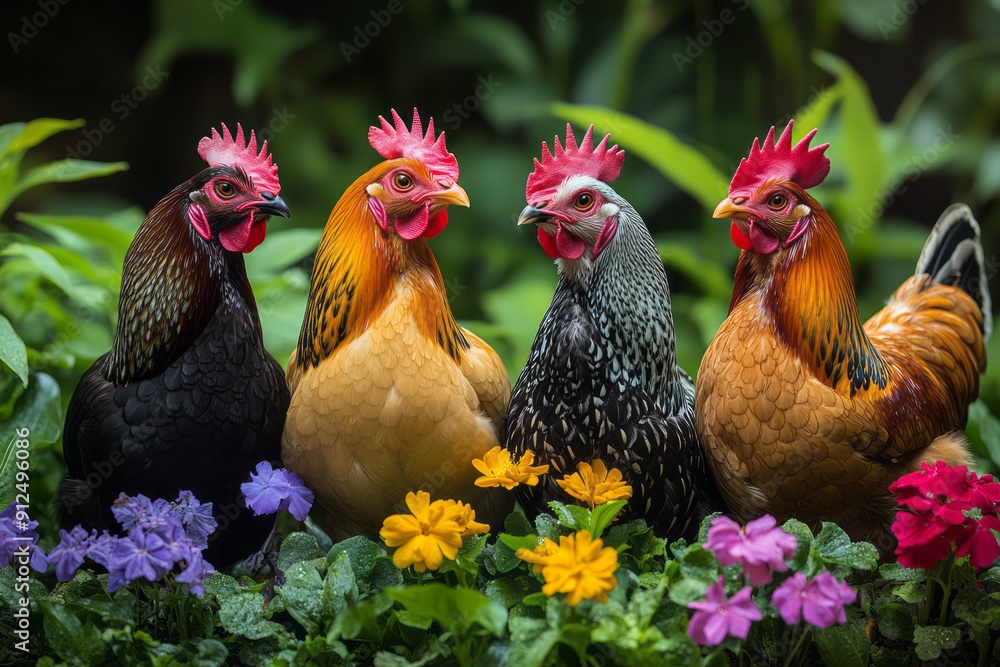 Four chickens--Leghorn, Rhode Island Red, Silkie, and Brahma--pecking ...