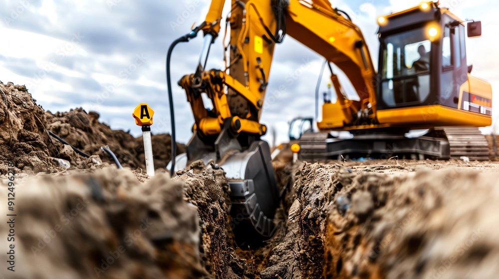 Excavator digging a trench for fiber optic cables, technology ...