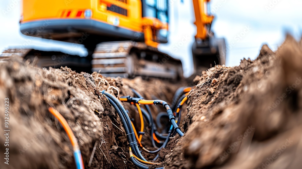 Excavator digging a trench for fiber optic cables, technology ...