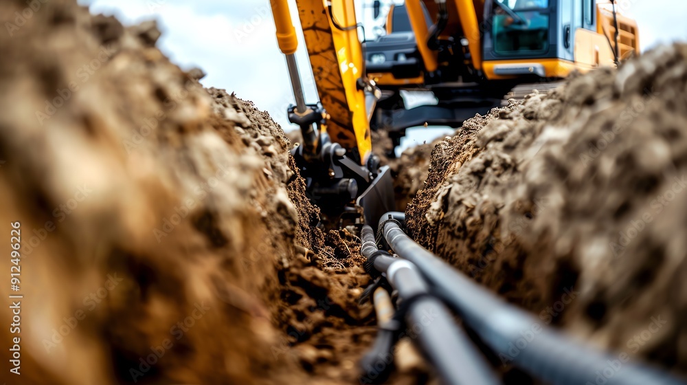 Excavator digging a trench for fiber optic cables, technology ...