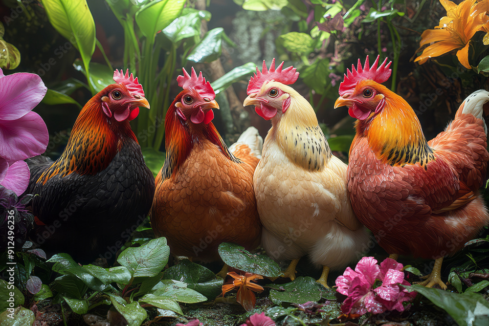 Four chickens--Leghorn, Rhode Island Red, Silkie, and Brahma--pecking ...