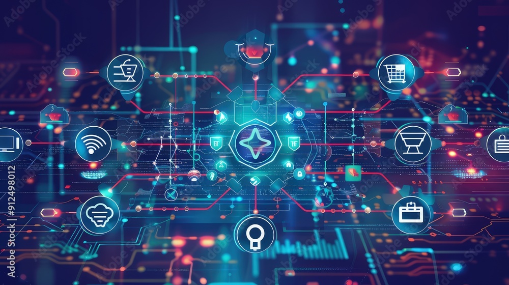 A virtual representation of a customer feedback system, with icons for ...