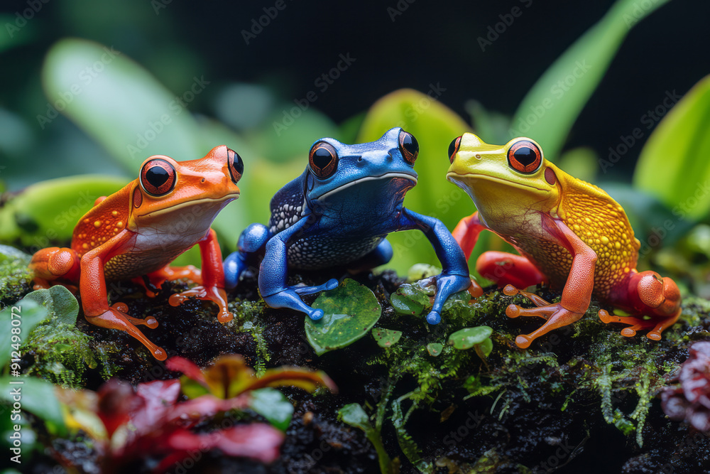 Four frogs--Tree Frog, Bullfrog, Poison Dart Frog, and African Dwarf ...