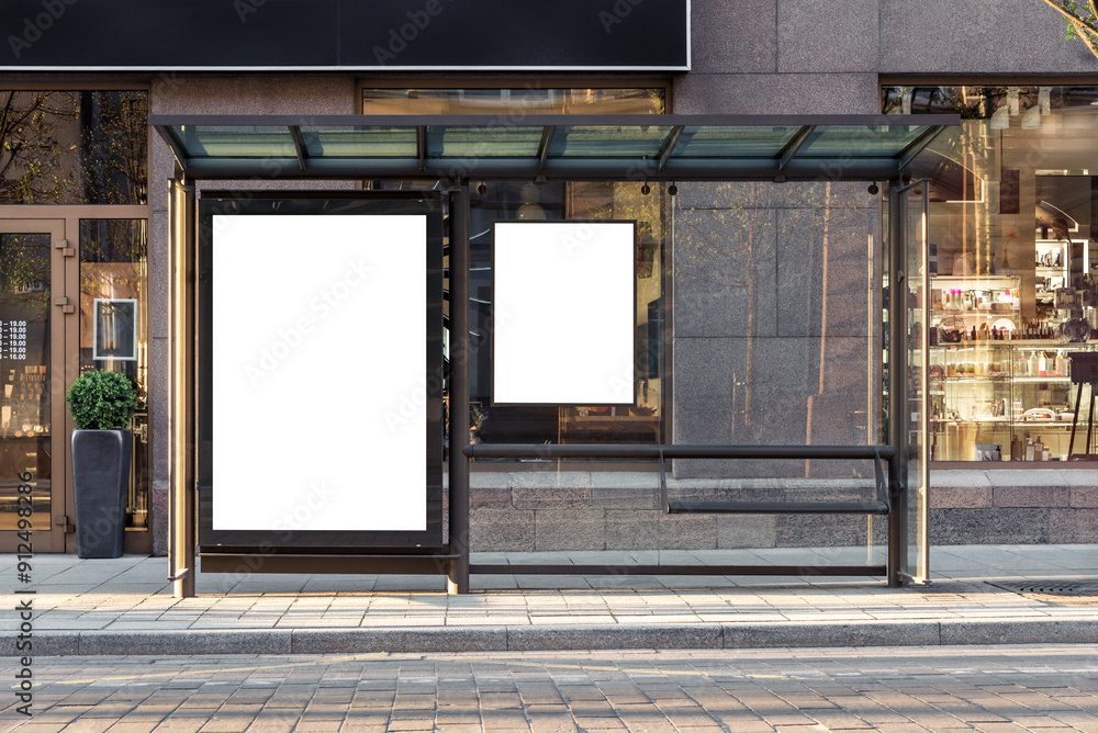 Mockup Of Empty Bus Stop Billboard In Front Of Luxury Store. Two Blank ...